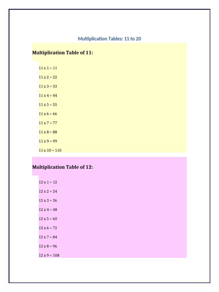 Multiplication Tables 11 To 20 2 | PDF