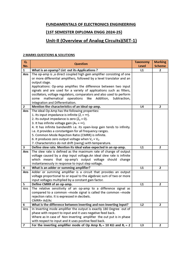 Fundamentals of Electronics Engineering Unit-II (Set-1) | PDF ...