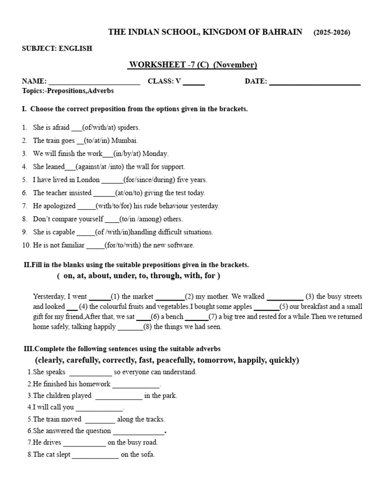 English Worksheet on Prepositions & Adverbs | PDF