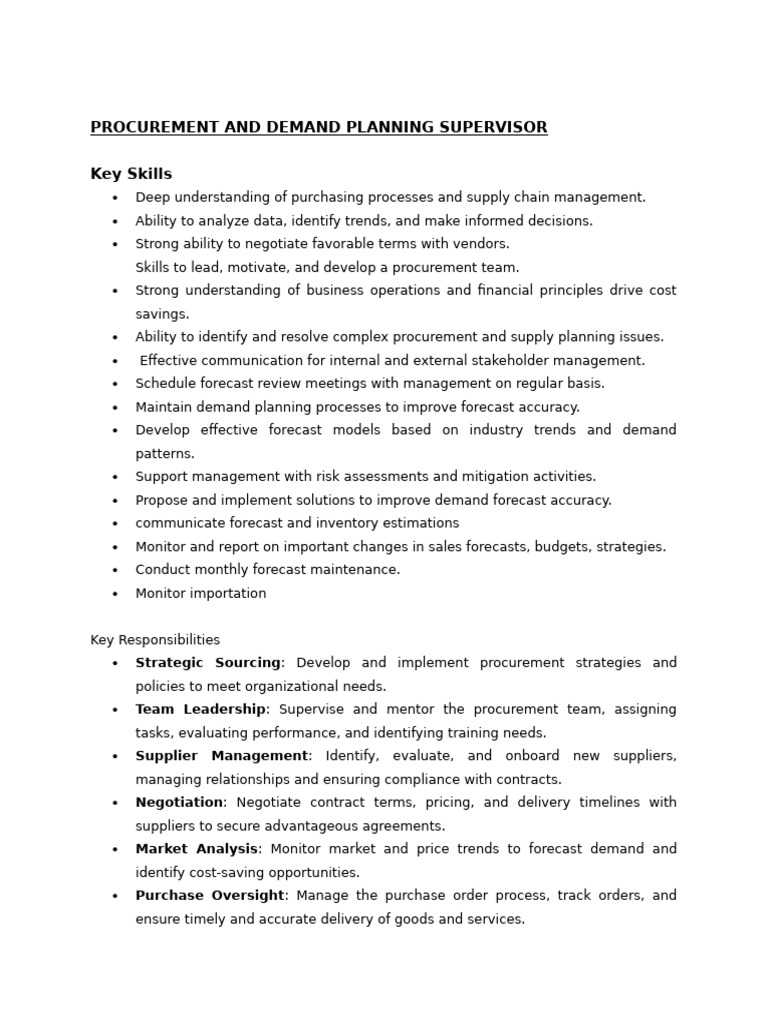 Procurement and Demand Planning Supervisor Job Description | PDF ...