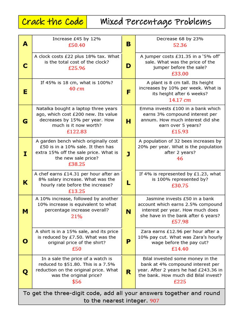 Mixed Percentage Problems Crack The Code Answers | PDF | Interest ...