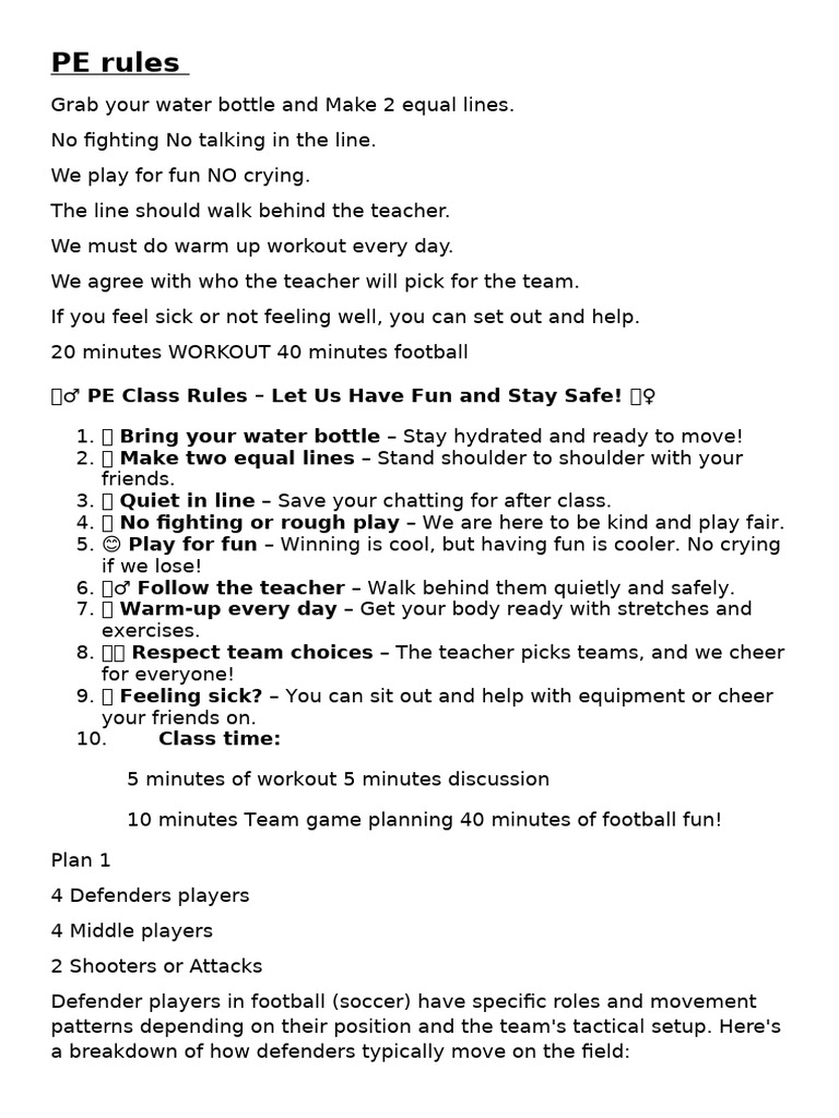 PE Class Rules and Football Strategies | PDF | Defender (Association ...