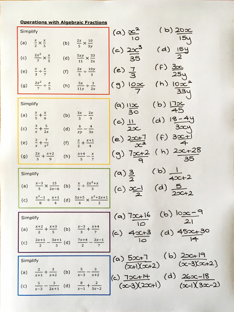 Mixed Operations With Algebraic Fractions Practice Strips Answers | PDF