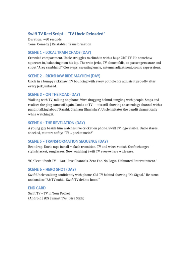 Swift TV Uncle Reloaded: Comedy Ad Script | PDF