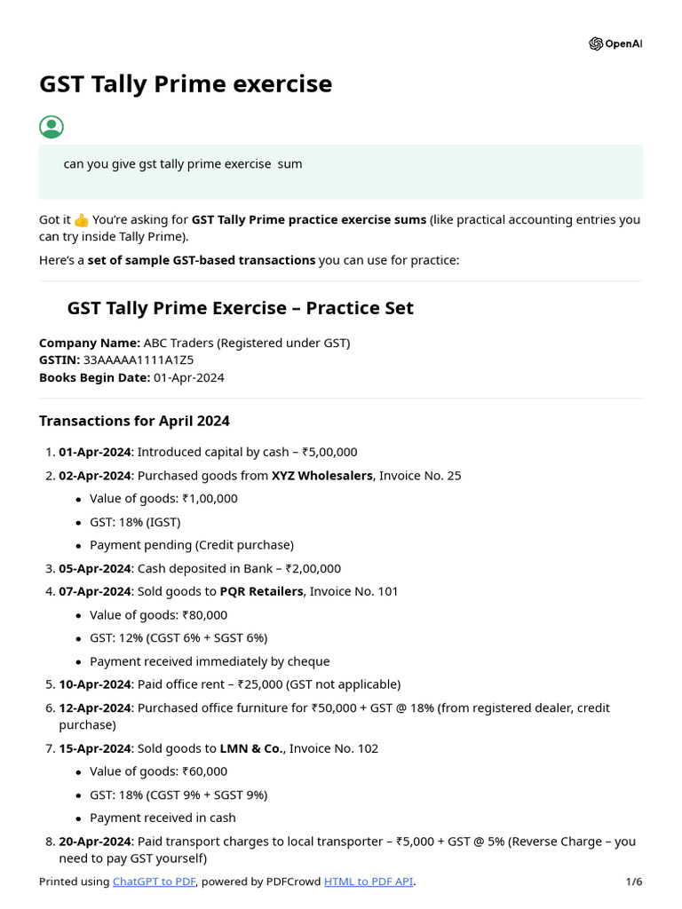 GST Tally Prime Practice Exercises | PDF | Payments | Value Added Tax