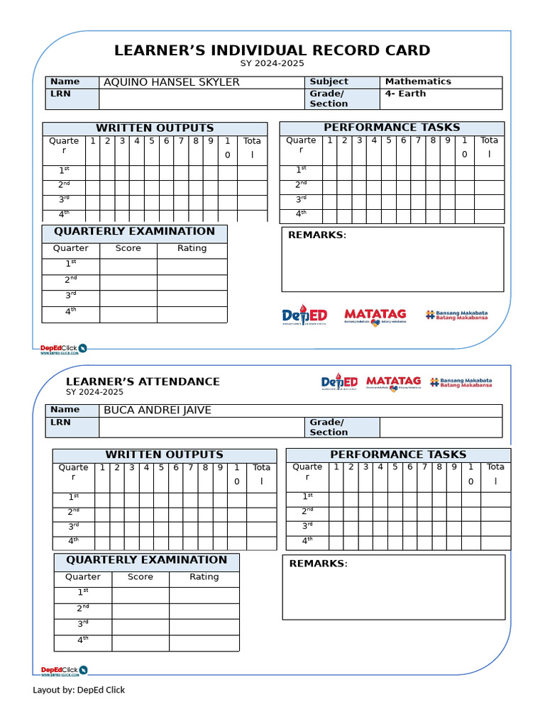 Learner's Individual Record Card 2024 | PDF
