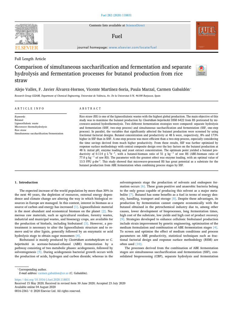 Butanol Production from Rice Straw: SSF vs SHF | PDF | Biofuel | Chemistry