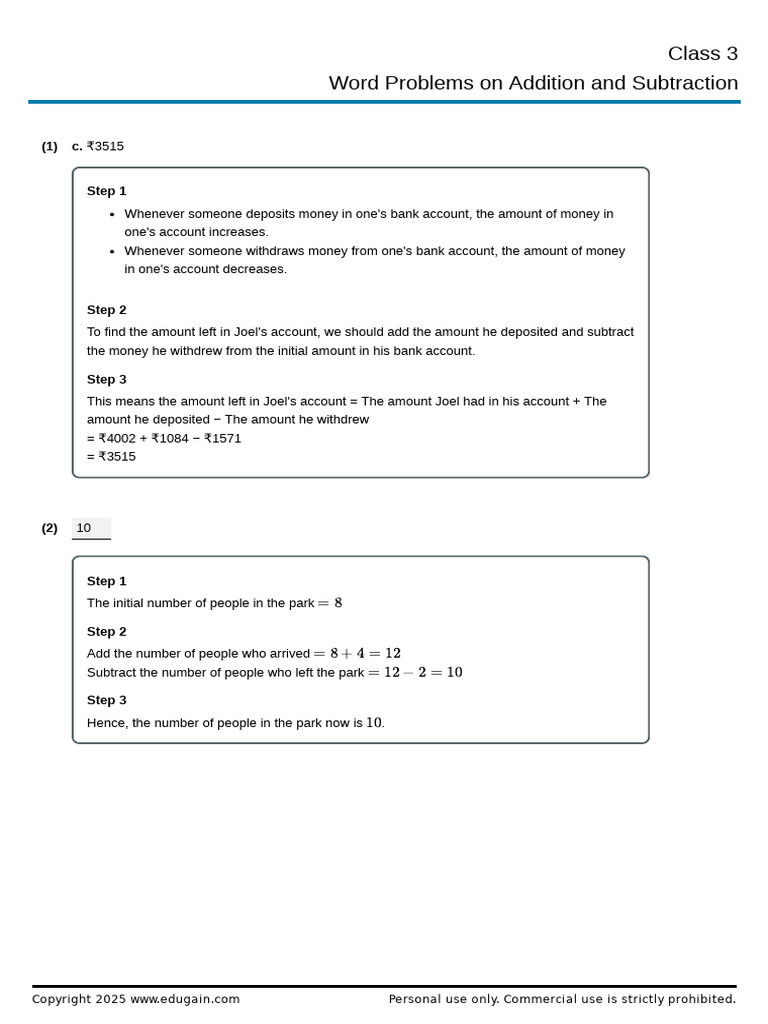 Class 3 Addition and Subtraction Worksheets | PDF | Subtraction ...