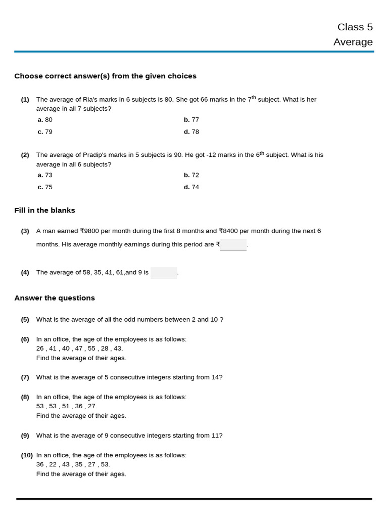 Maths Class V Average Practice Paper 07 2025 Q | PDF