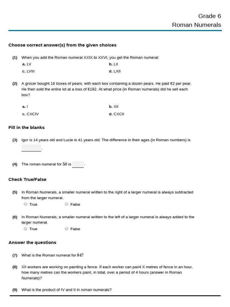 Maths Class VI Roman Numerals Practice Paper 02 2025 Q | PDF