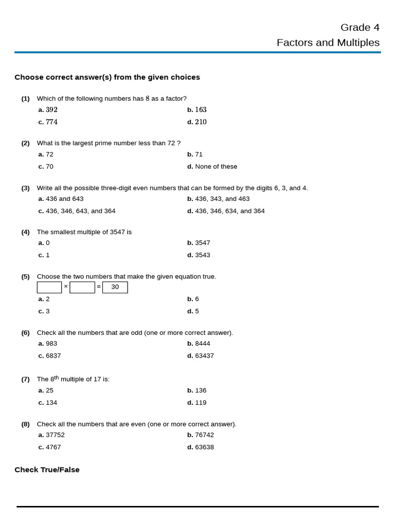 Maths Class IV Factors and Multiples Practice Paper 05 2025 Q | PDF