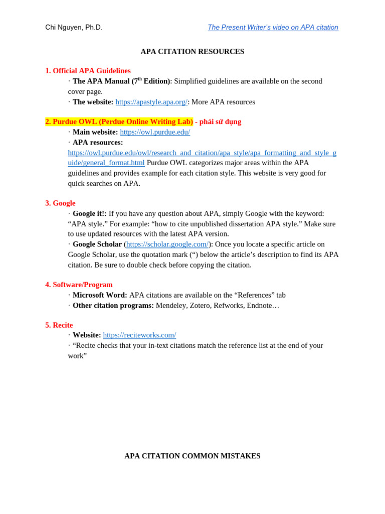 Apa Citation Resources by Chi Nguyen PHD The Present Writer | PDF