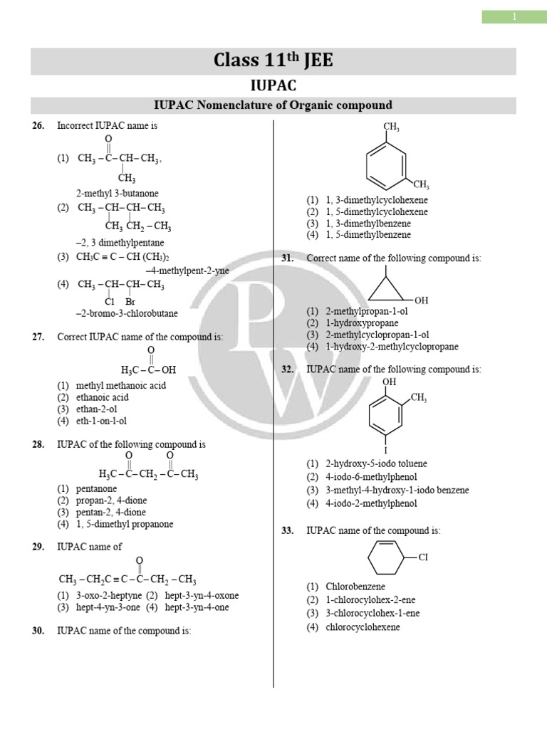 IUPAC Nomenclature Quiz for JEE Class 11 | PDF | Organic Chemistry ...