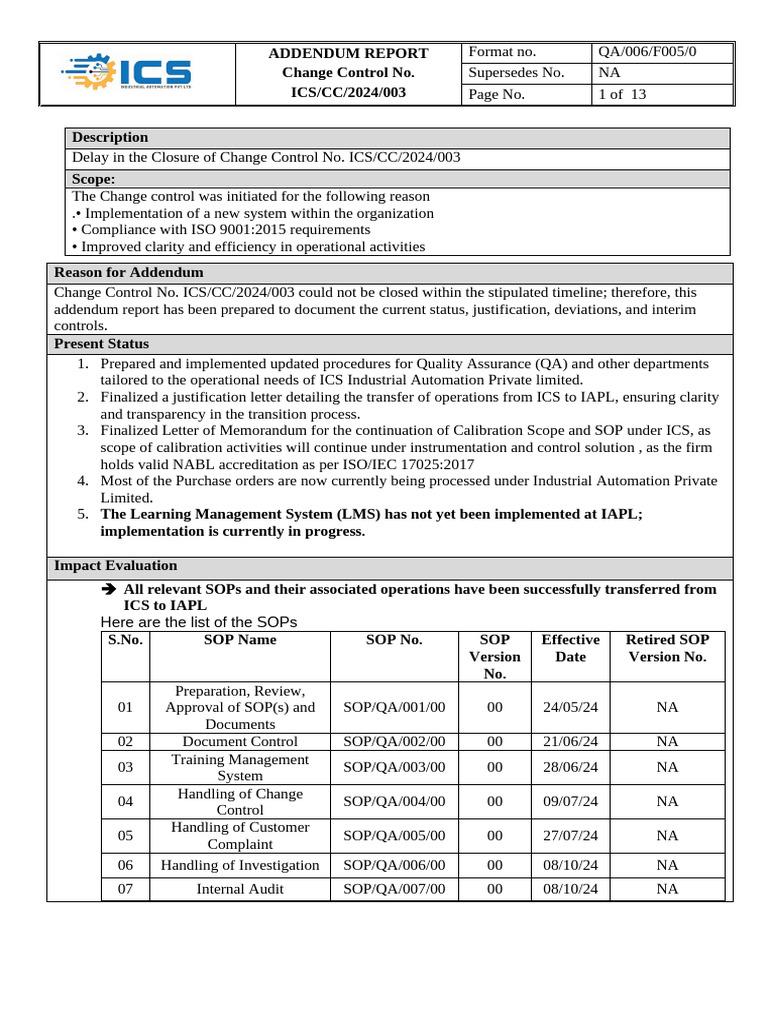 Addendum on Change Control Delay ICS/CC/2024/003 | PDF