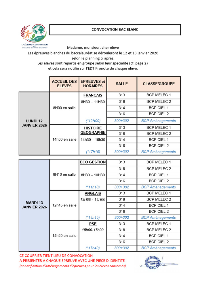 Convocation Bac Blanc Janvier 2026 | PDF