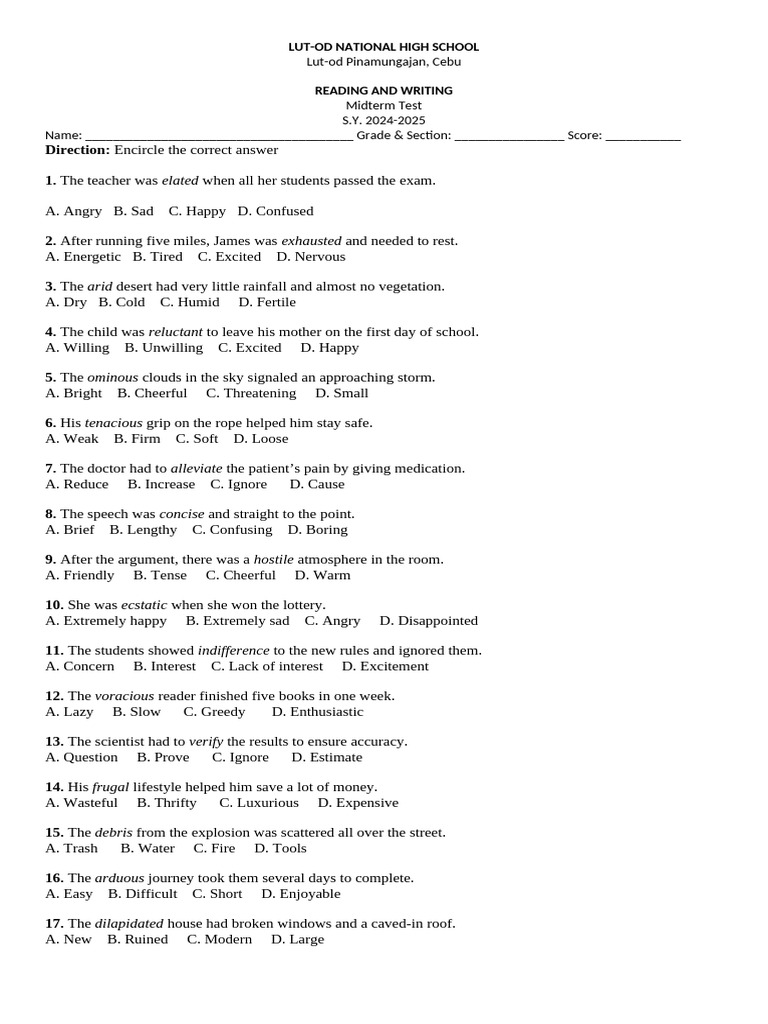 Midterm Reading & Writing Test 2024-2025 | PDF