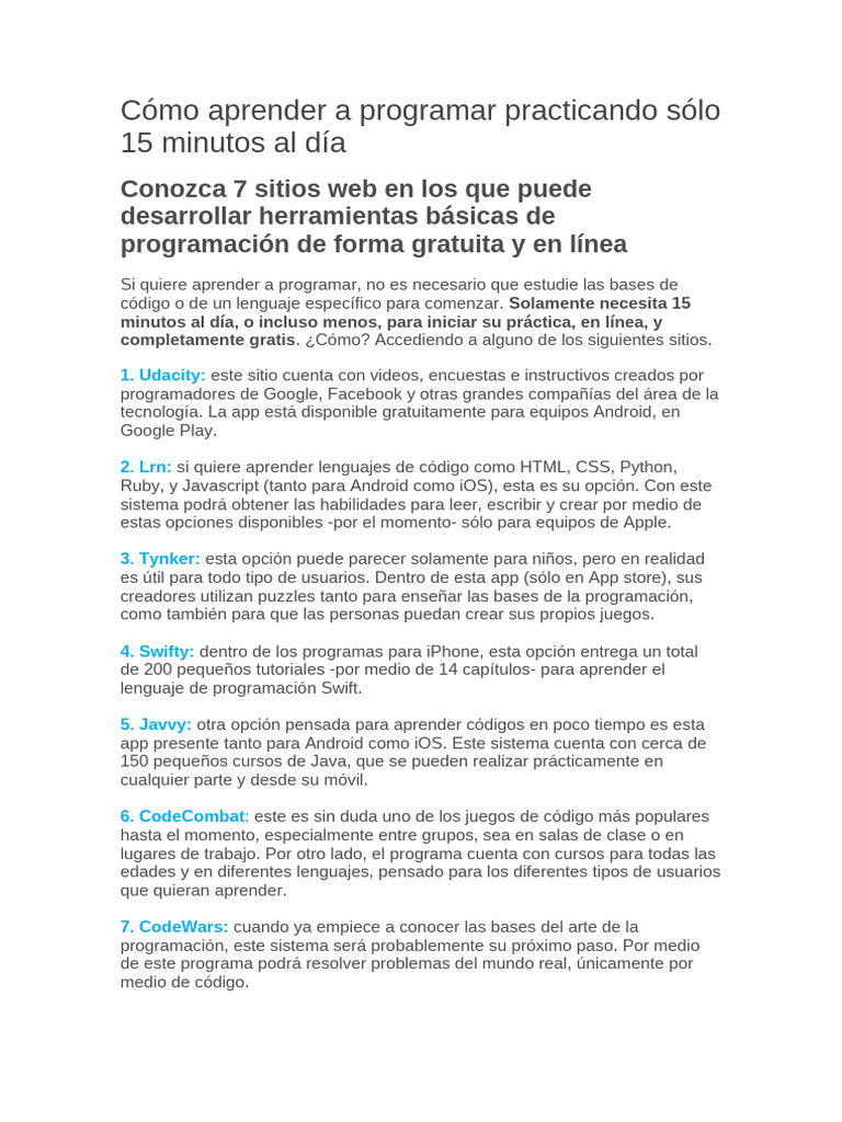 Cómo Aprender a Programar Practicando Sólo 15 Minutos Al Día | PDF