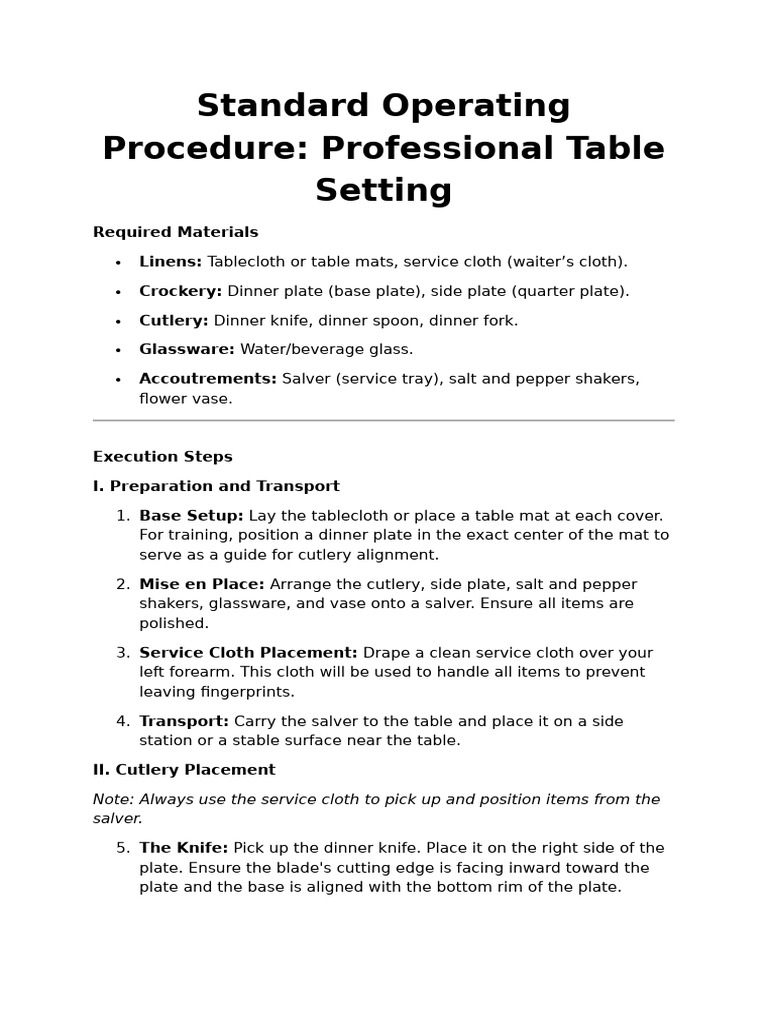 Professional Table Setting SOP | PDF | Tableware