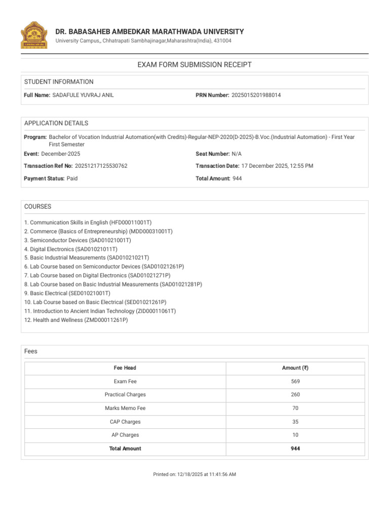 Exam Form Receipt for B.Voc. Industrial Automation | PDF
