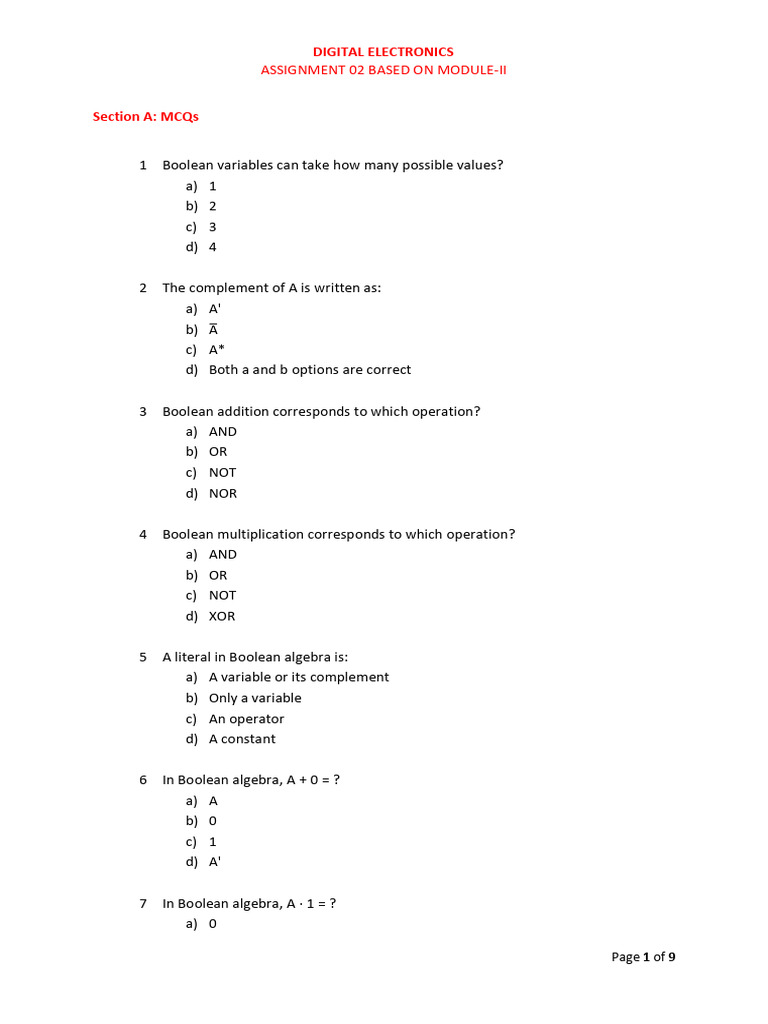 Assignment Module 02 - Digital Electronics | PDF | Boolean Algebra ...