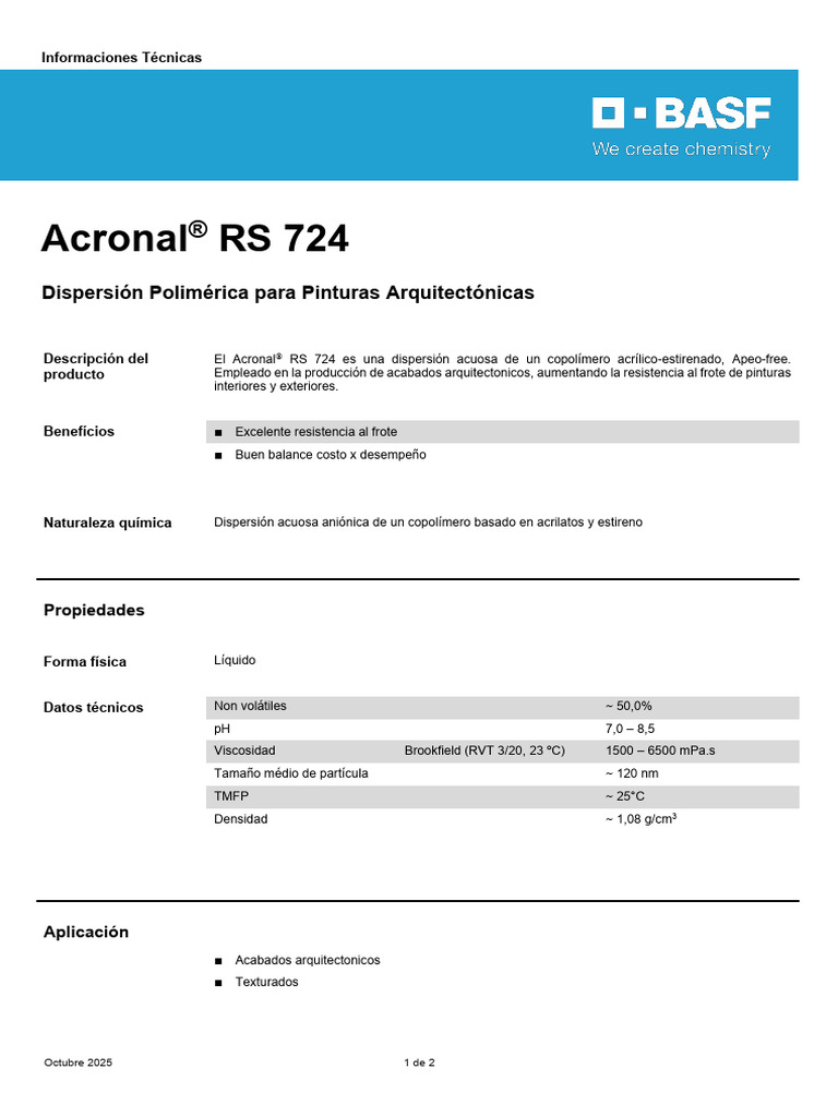Acronal® RS 724: Dispersión para Pinturas | PDF | Química | Materiales