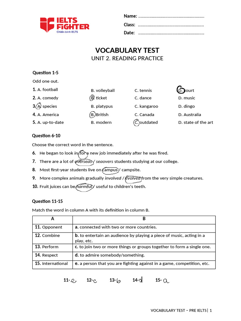 Vocab Test 5. Unit 2. Reading. Reading Practice 1 | PDF