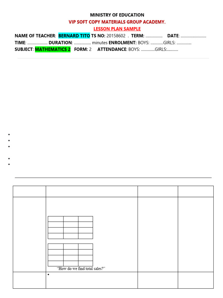 Lesson Plan: Matrix Operations in Math | PDF | Matrix (Mathematics ...