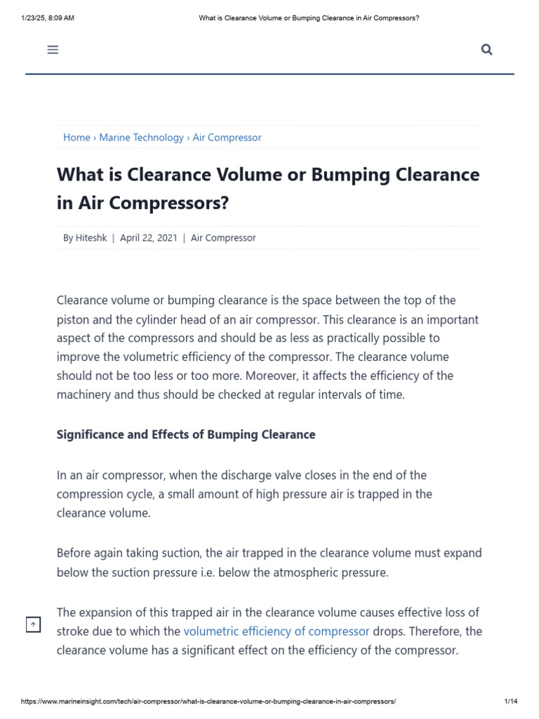 What Is Clearance Volume or Bumping Clearance in Air Compressors | PDF ...