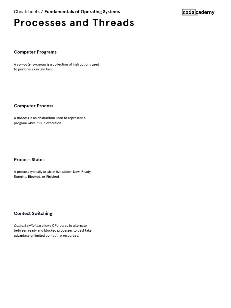 Fundamentals of Operating Systems - Processes and Threads Cheatsheet ...