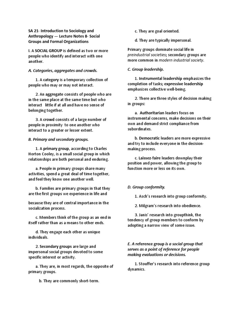 Lecture Notes 8 - Social Groups and Formal Organizations | PDF | Social ...