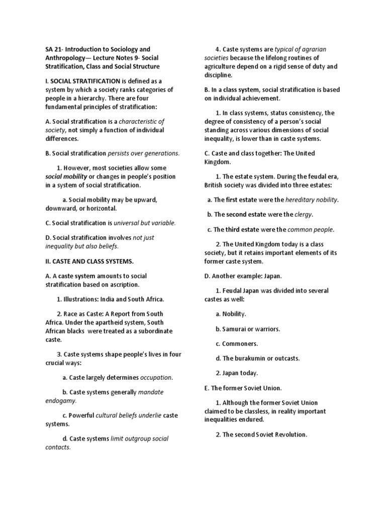 Lecture Notes 9 Social Stratification Class And Social Structure