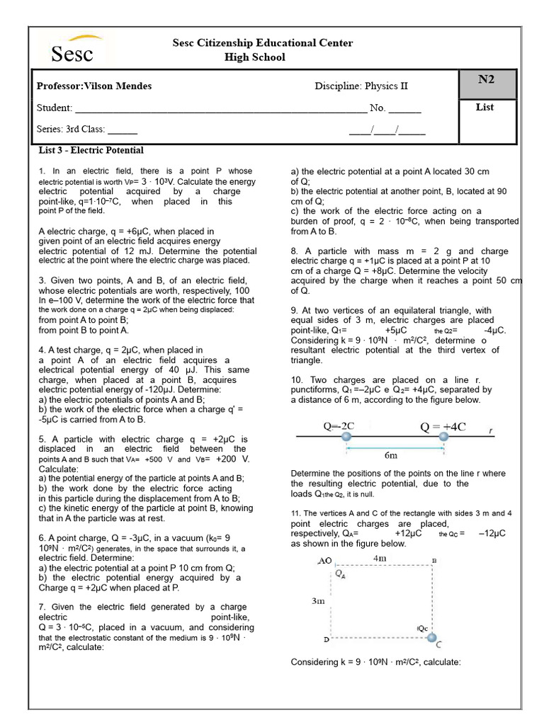 3rd Grade - Exercise List 3 - 1st Tri (Electric Potential) | PDF ...