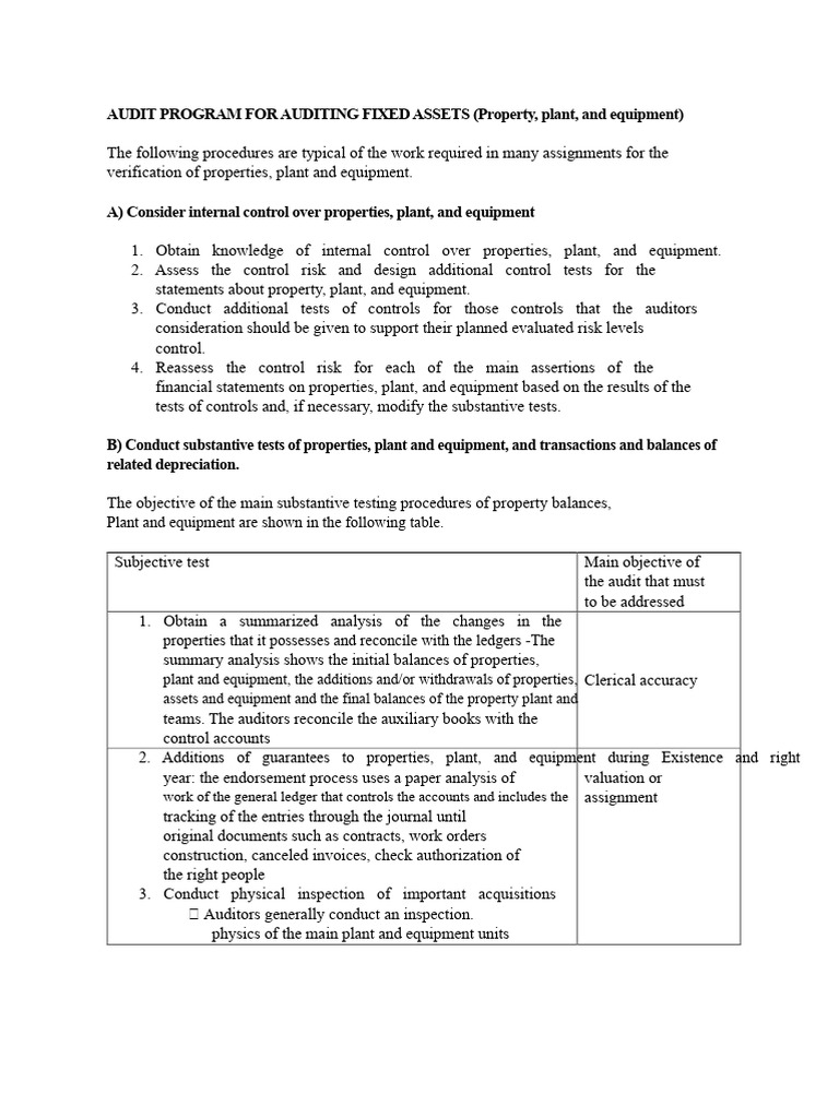 Audit Program To Audit Property, Plant, and Equipment. | PDF | Audit ...