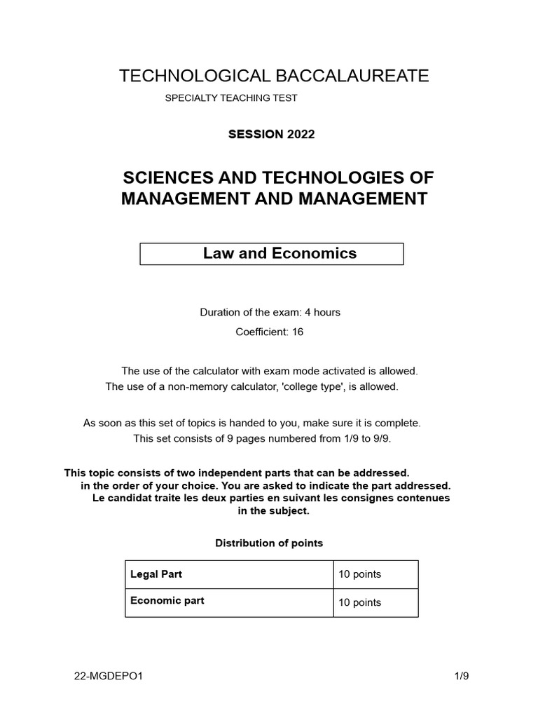 STMG Baccalaureate 2022 - Law and Economics Polynesia | PDF | Economic ...