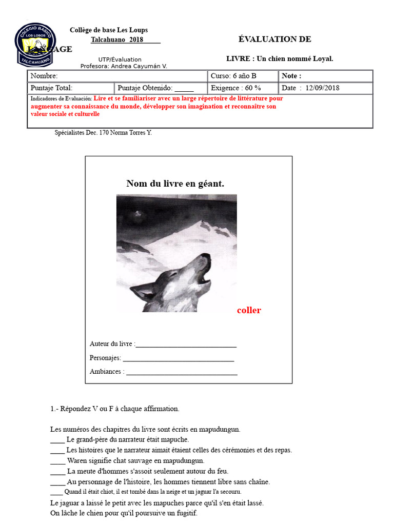 Évaluation de lecture : Un chien nommé Loyal | PDF