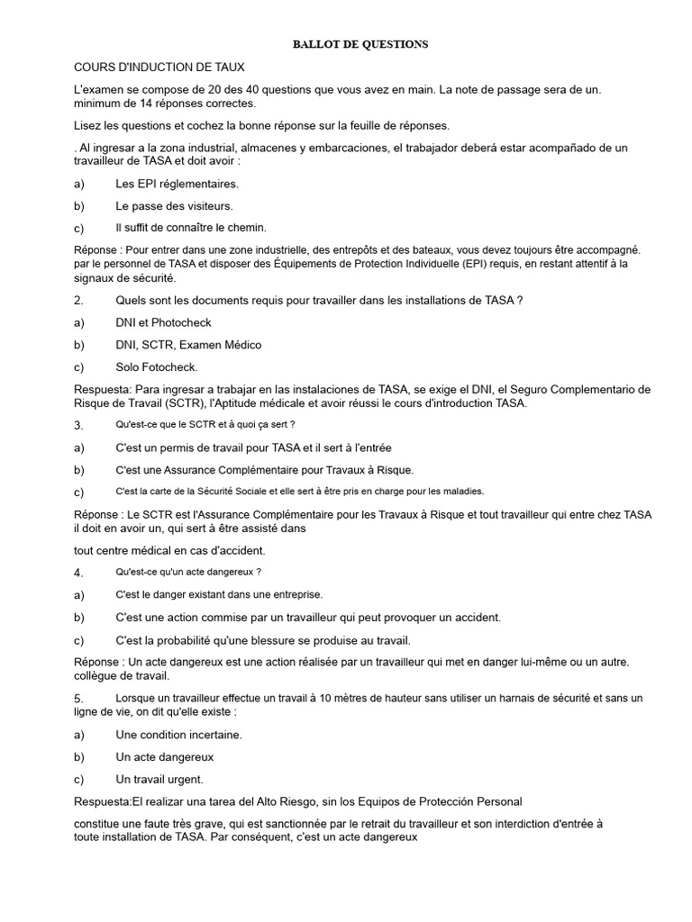 Examen de sécurité TASA : questions clés | PDF | Combustible | Matériaux