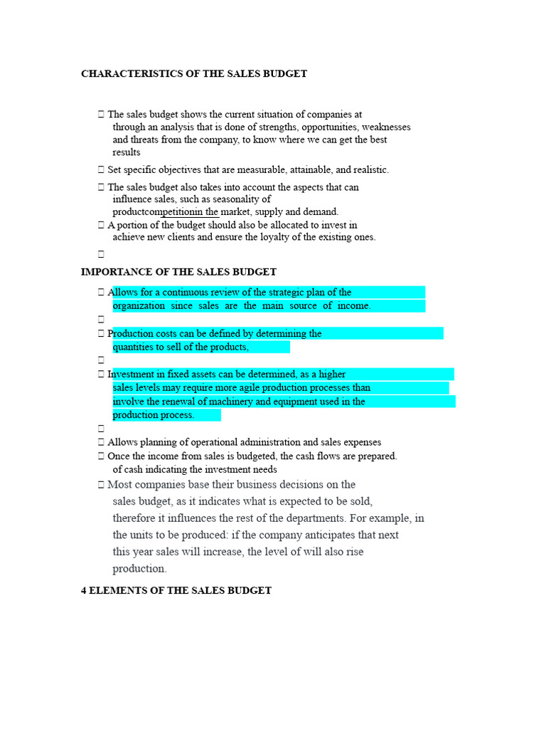Sales Budget: Key Characteristics & Importance | PDF | Budget | Economies