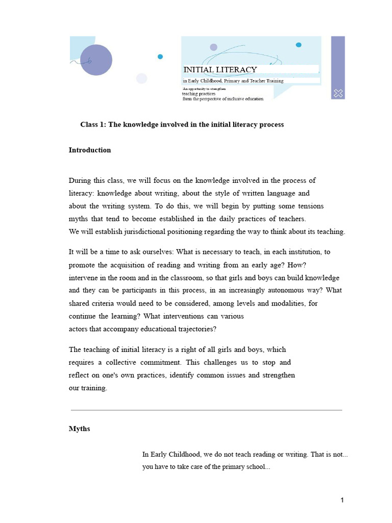 Class 1 The Knowledge Involved in The Initial Literacy Process | PDF ...