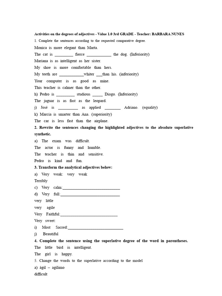 Activities On Degrees of Adjective 3rd Year G | PDF