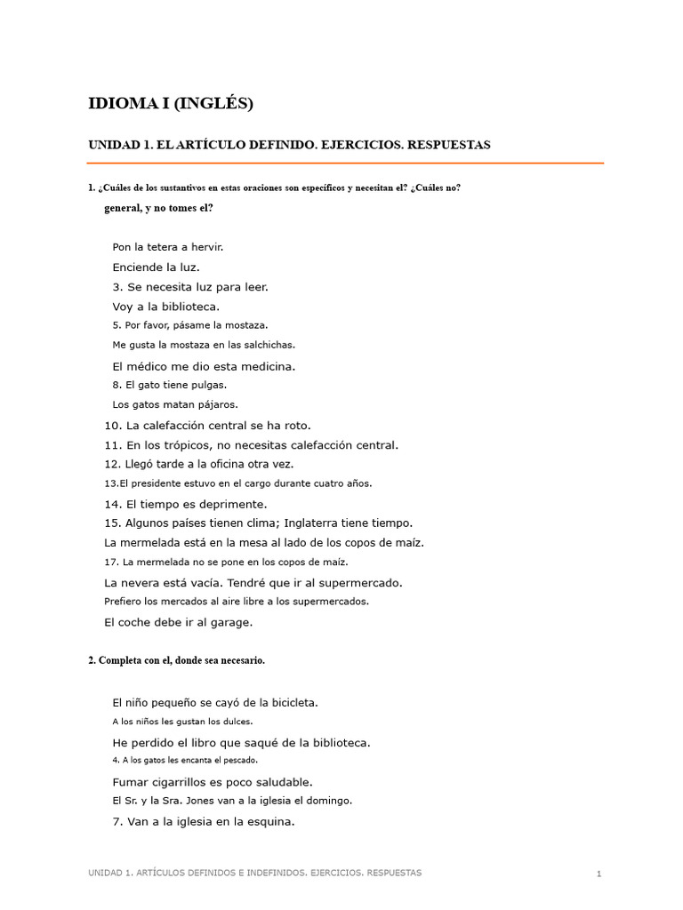 Artículos Definidos e Indefinidos: Ejercicios | PDF