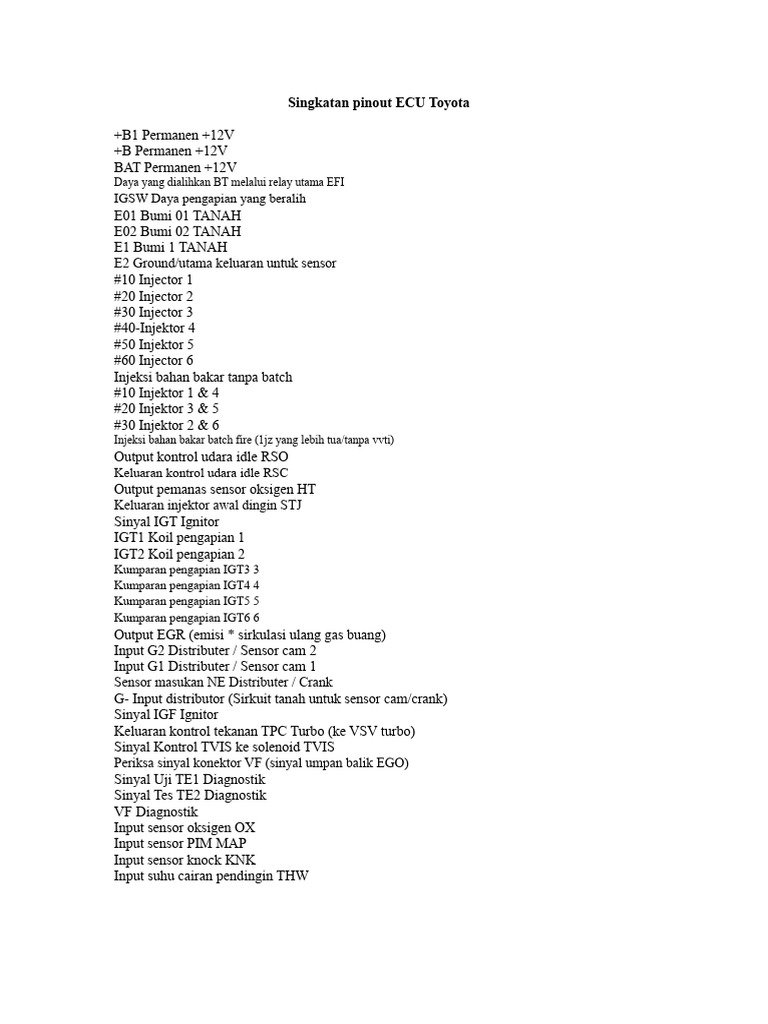Pinout ECU Toyota dan Singkatan SAE | PDF