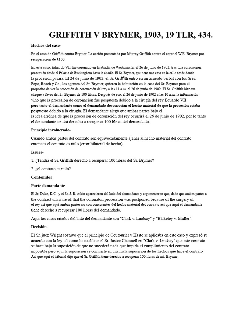 Griffith v Brymer: Error Bilateral en Contratos | PDF | Fraude | Ley común