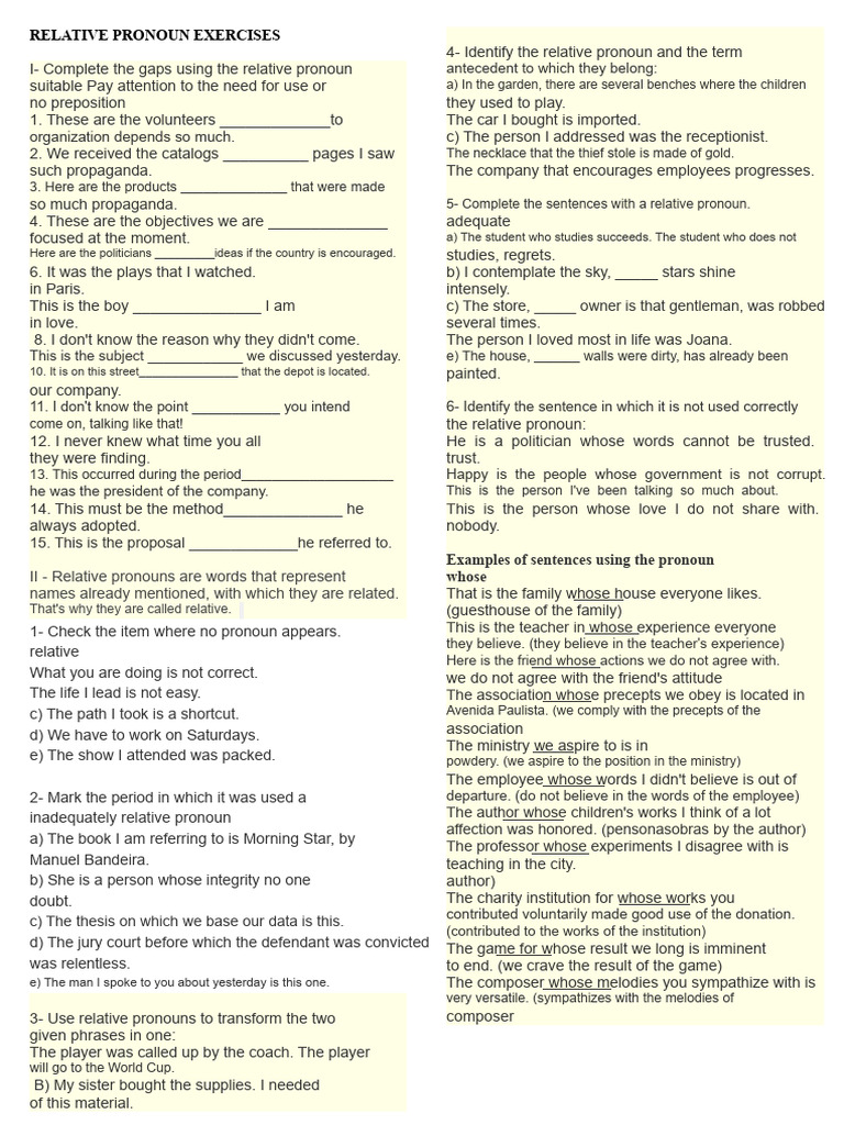 Exercises On Relative Pronouns - Without Answer Key | PDF | Pronoun ...