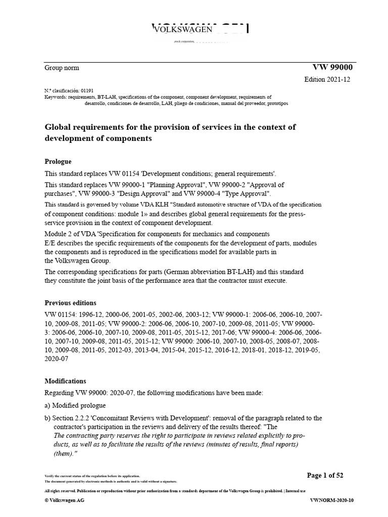 VW 99000: Global Component Development Standards | PDF