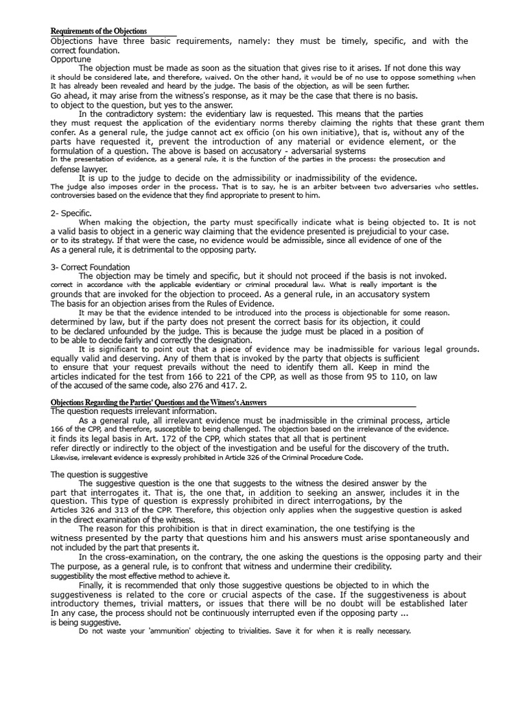 Essential Requirements for Legal Objections | PDF | Witness | Testimony