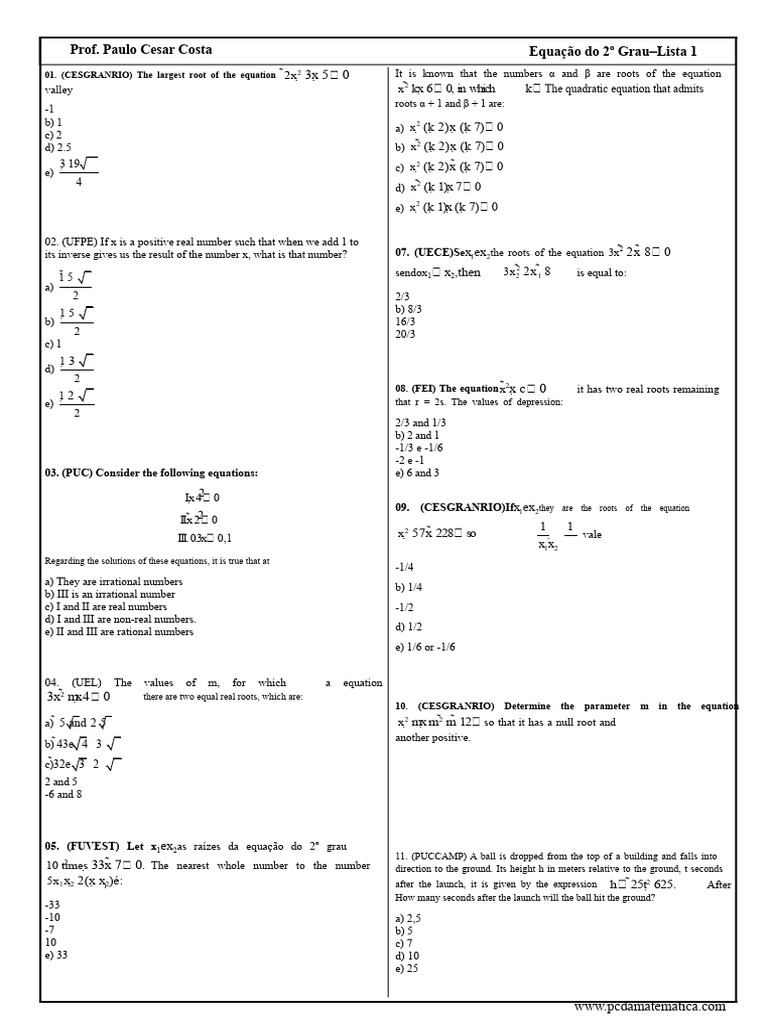 Quadratic Equations Practice Problems | PDF | Mathematics | Number Theory