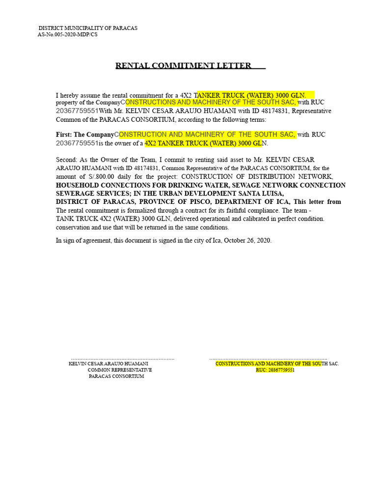 Letter of Commitment For Tank Truck Rental | PDF