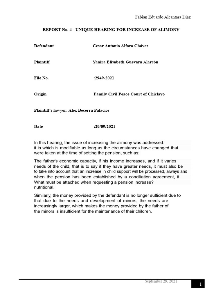 REPORT No. 4 - UNIQUE HEARING FOR INCREASE IN ALIMONY | PDF | Child ...
