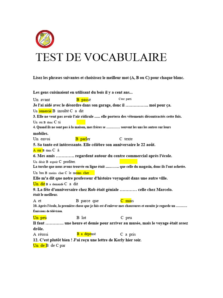 Test de vocabulaire français en ligne | PDF