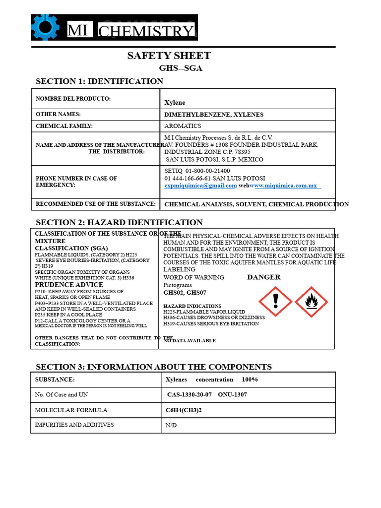 Xylene Safety Data Sheet | PDF | Toxicity | Water